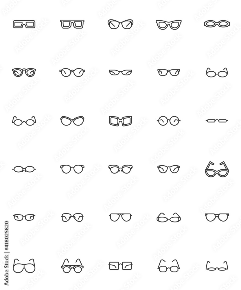 Glasses frame line icons set. Eyeglasses shapes linear style symbols ...