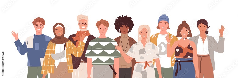 Multicultural group of diverse people waving, saying hi and welcoming ...