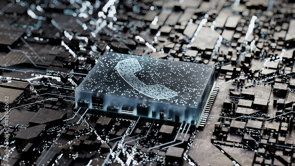 Communication Technology Concept with phone symbol on a Microchip. Data ...