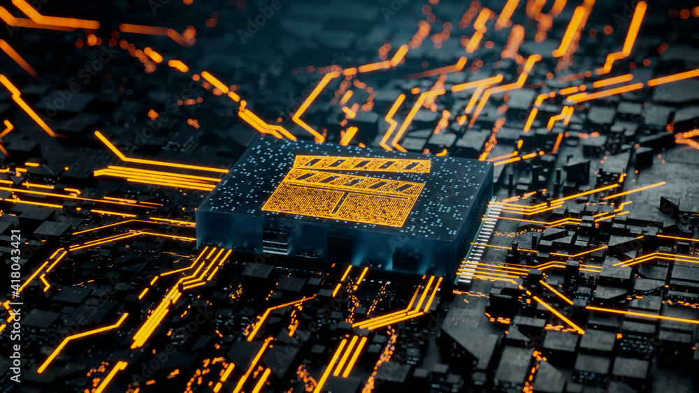 Entertainment Technology Concept with movie symbol on a Microchip. Data ...
