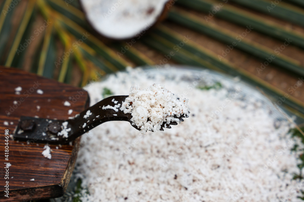 Hand grated fresh raw coconut cut open in half , Indian Kitchen ...
