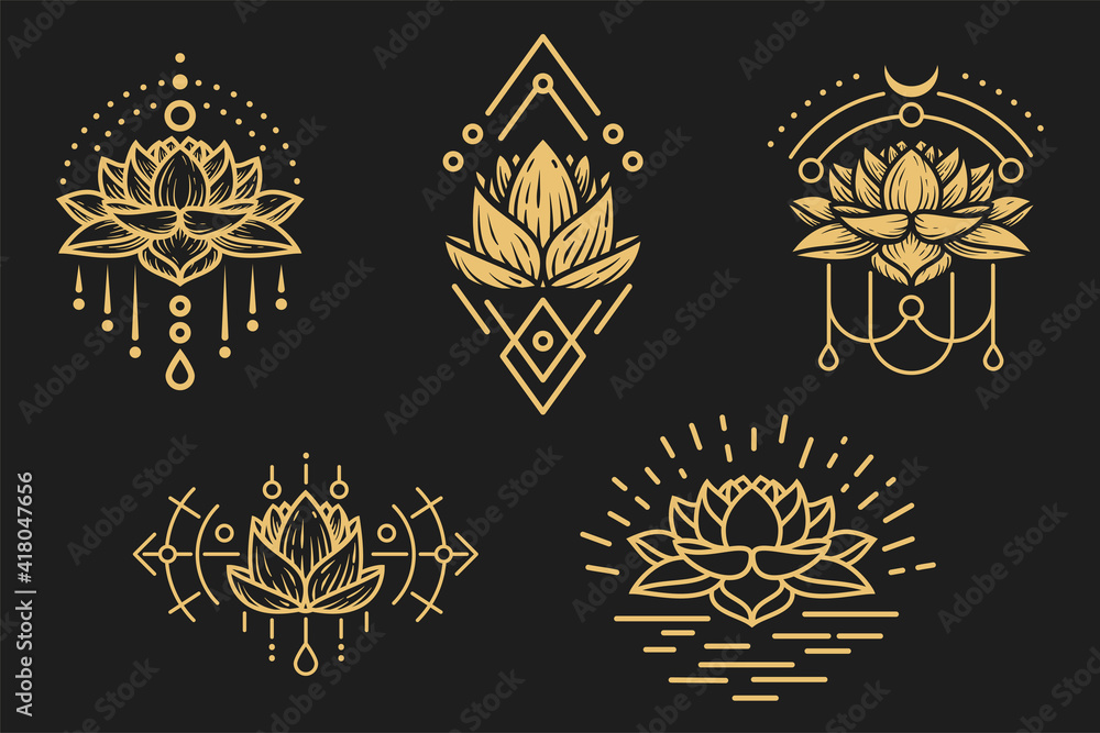 Set of hand drawn golden lotus flower with sacred geometry elements ...