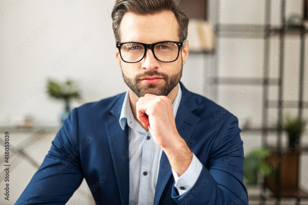 Successful masculine businessman in formal expensive suit, holding arm ...