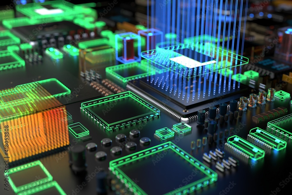 different types of computers and spare parts. 3D rendering on the ...