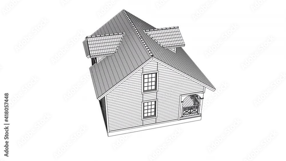 The cartoon-style animation of a frame house under construction. High ...