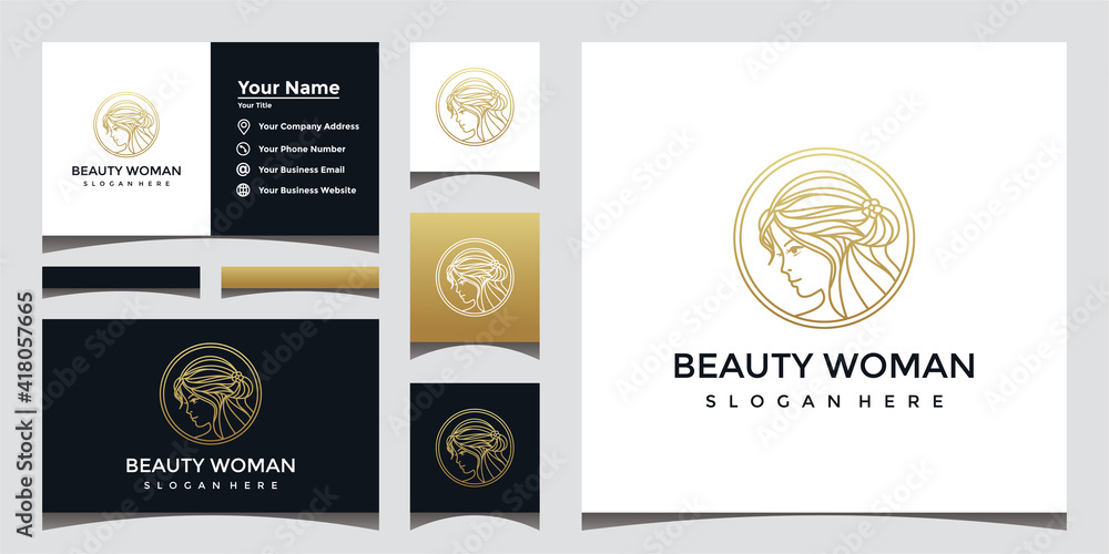 Beautiful lady logo with line art style and business card design. Stock ...