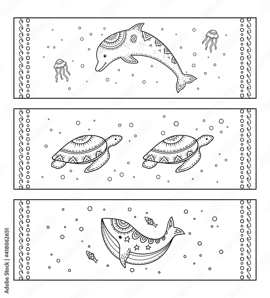 Bookmark or coloring book. Set of black and white labels with marine ...