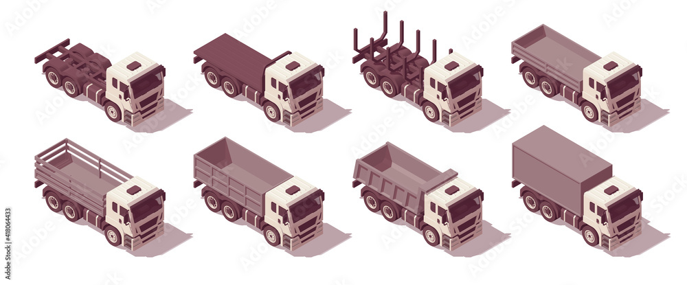 Isometric truck set. Set of different body types trucks. Vector ...