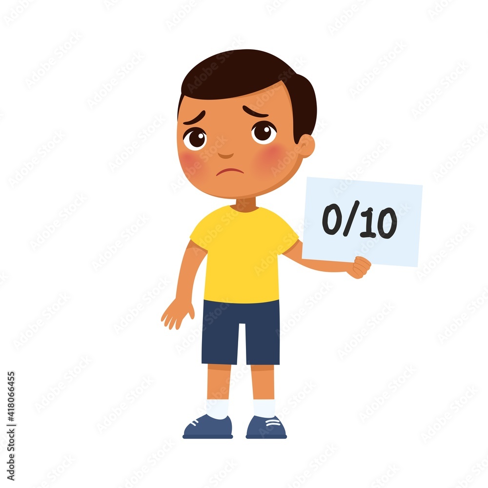 Sad dark skin little boy got the worst grade. The concept of a failed ...