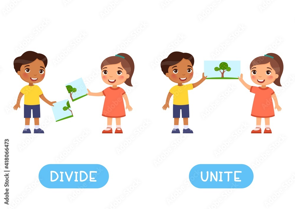 Divide and unite antonyms word card, Opposites concept. Flashcard for ...