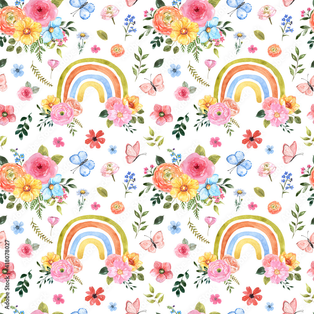 Watercolor rainbow and flowers seamless pattern. Hand painted cute ...