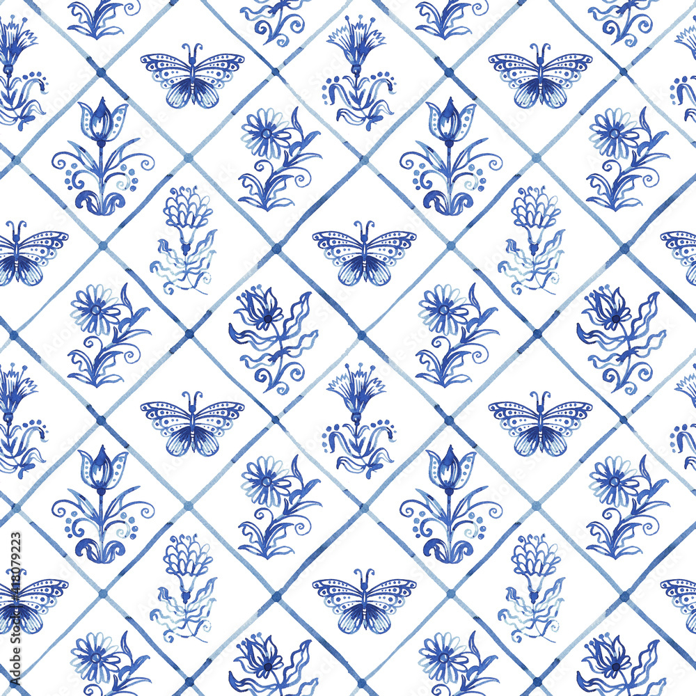 Blue seamless background - old fashion hand-drawn rustic motifs in ...