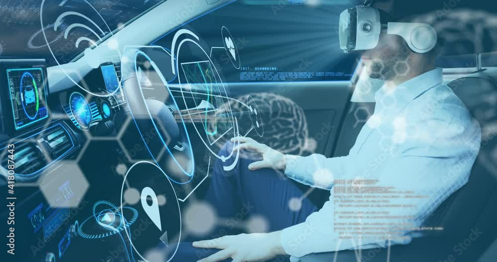 Animation of interface showing icons and information with man in vr ...