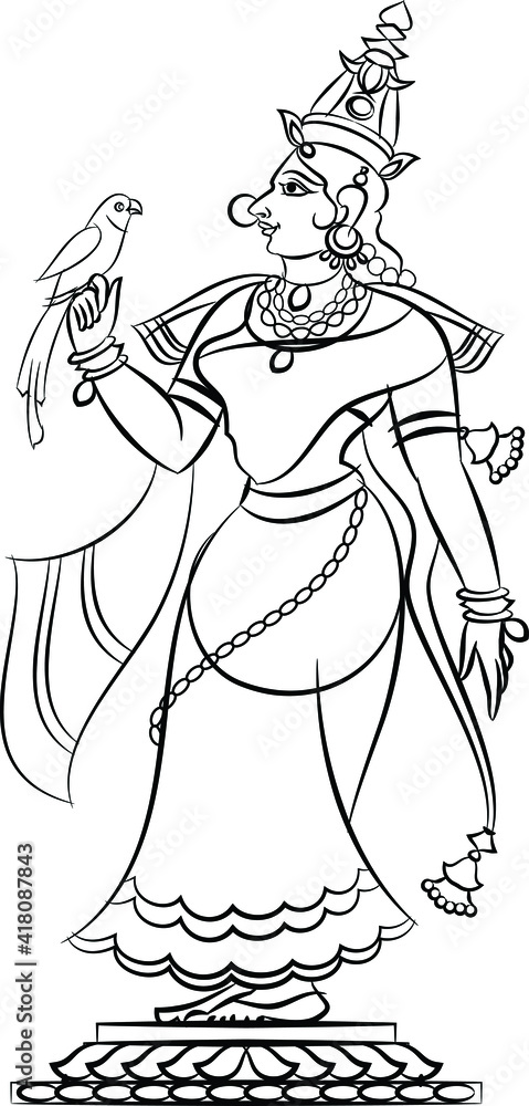 Hindu Goddess Minakshi in Indian folk art Pinguli style. for textile ...