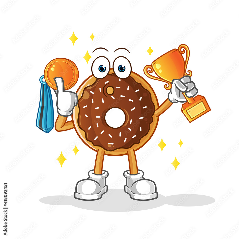 chocolate donut winner with trophie and medal vector. cartoon character ...