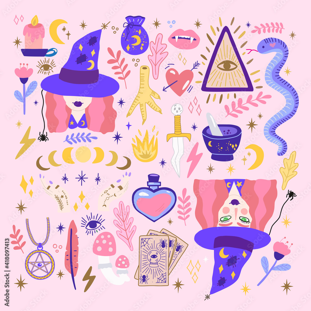 Set of trendy magic doodles in cute and playful colors. Witchcraft ...