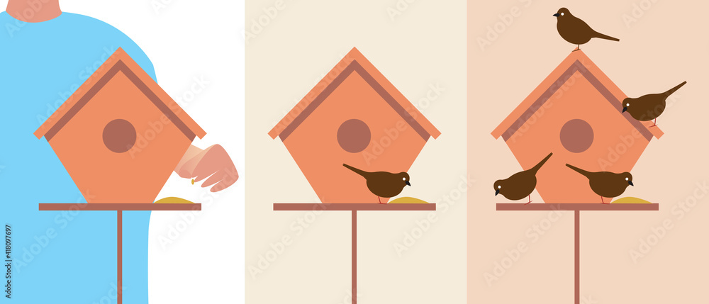 Feeding birds with food, Flat vector stock illustration with bird ...