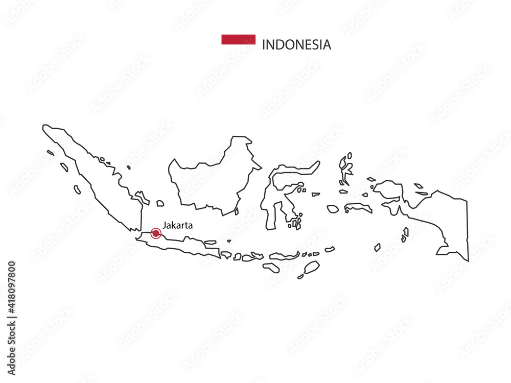 Hand draw thin black line vector of Indonesia Map with capital city ...