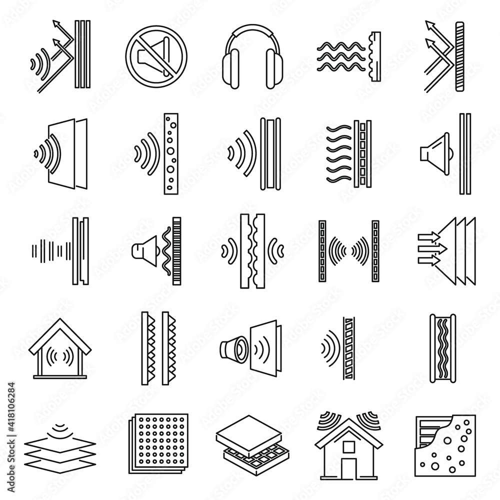 Studio soundproofing icons set. Outline set of studio soundproofing ...