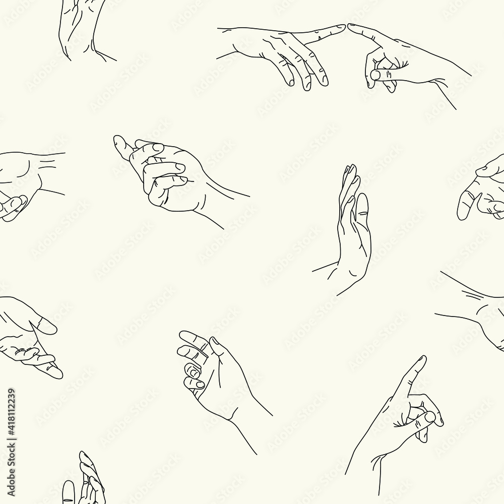 Hand drawn hand pattern in simple minimalistic line art style. Vector ...