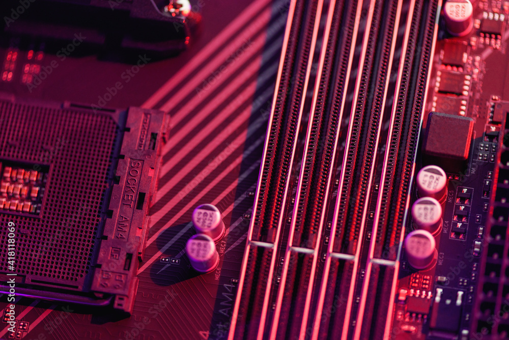 Socket am4, ddr4 slot. Close up of the AM4 socket for the motherboard ...
