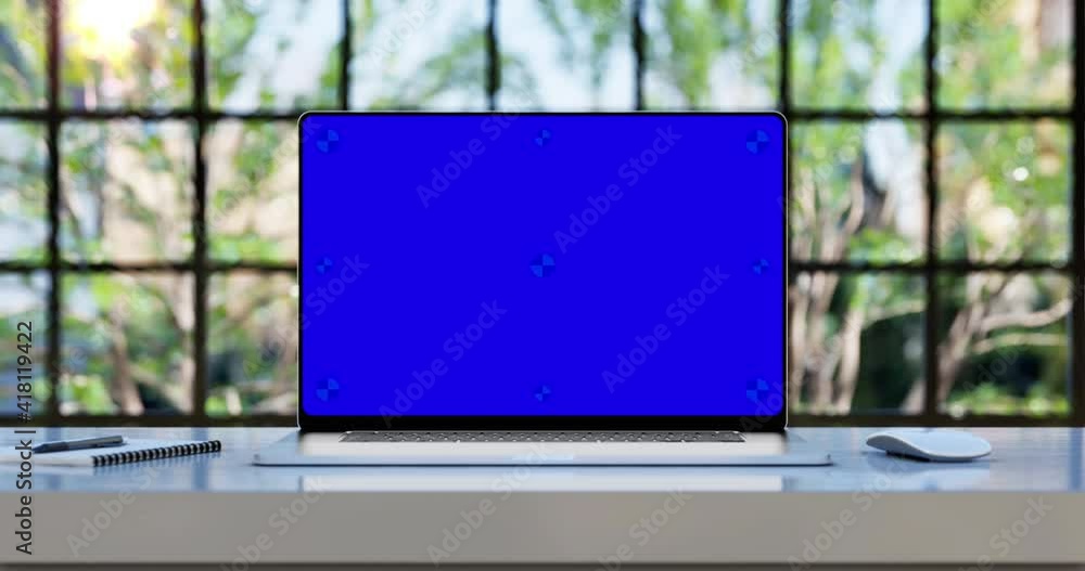 Modern laptop with blank frameless screen smooth zoom in - white table ...