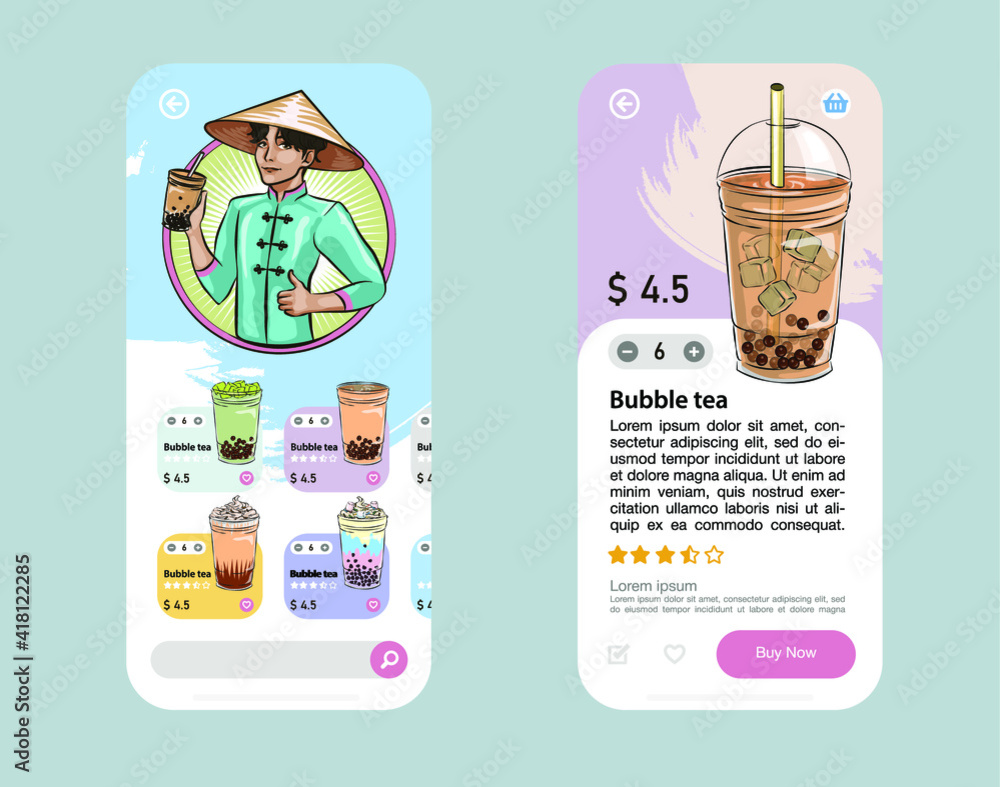 a phone app for ordering drinks with Thai tea with pearl tapioca ...