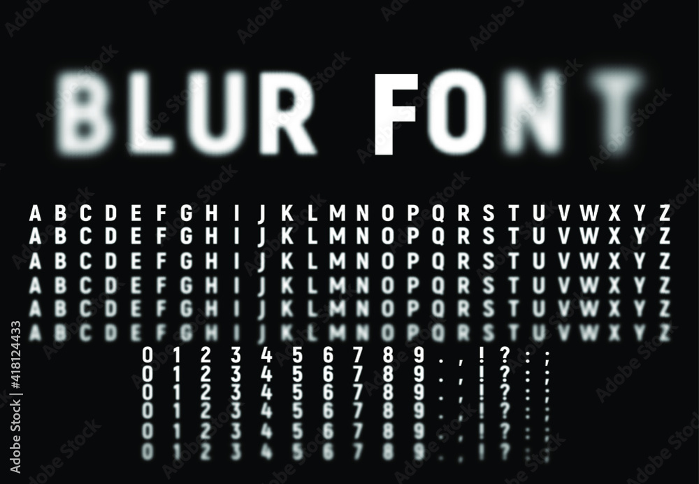 Blur font effect. Different depth of field. Alphabet, numbers and ...