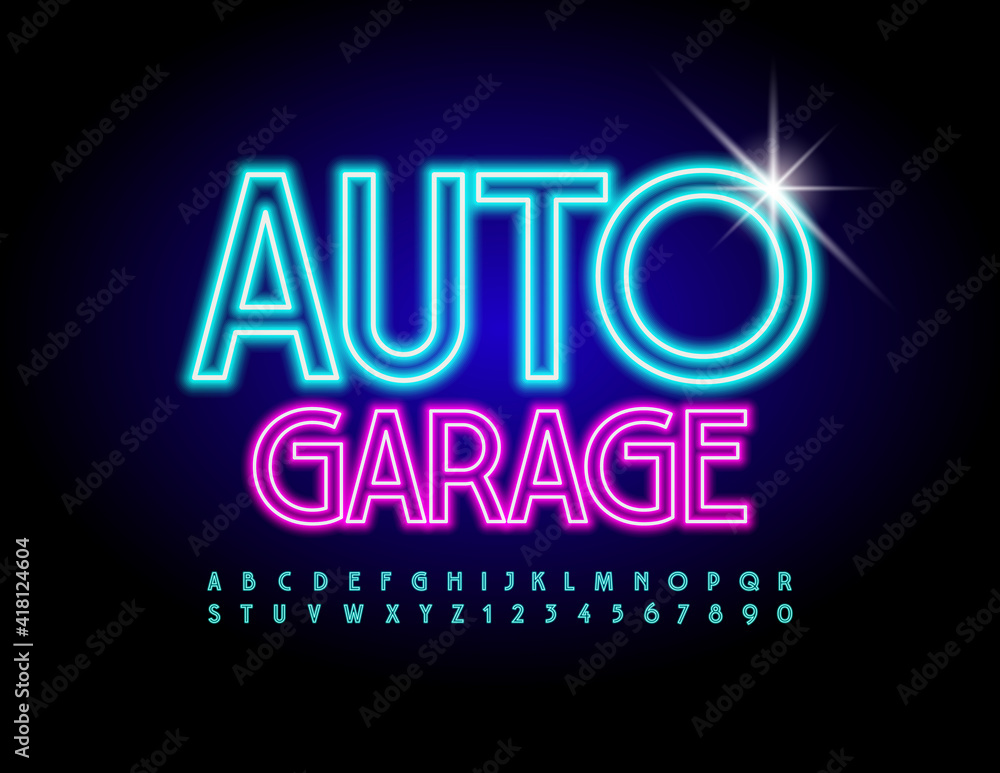 Vector glowing sign Auto Garage. Electric light Font. Blue Neon ...