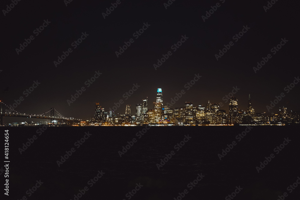 San Francisco night view. Night city lights and bridge. Stock Photo ...