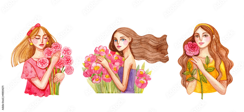 Set of watercolor illustrations with girls isolated on white background ...