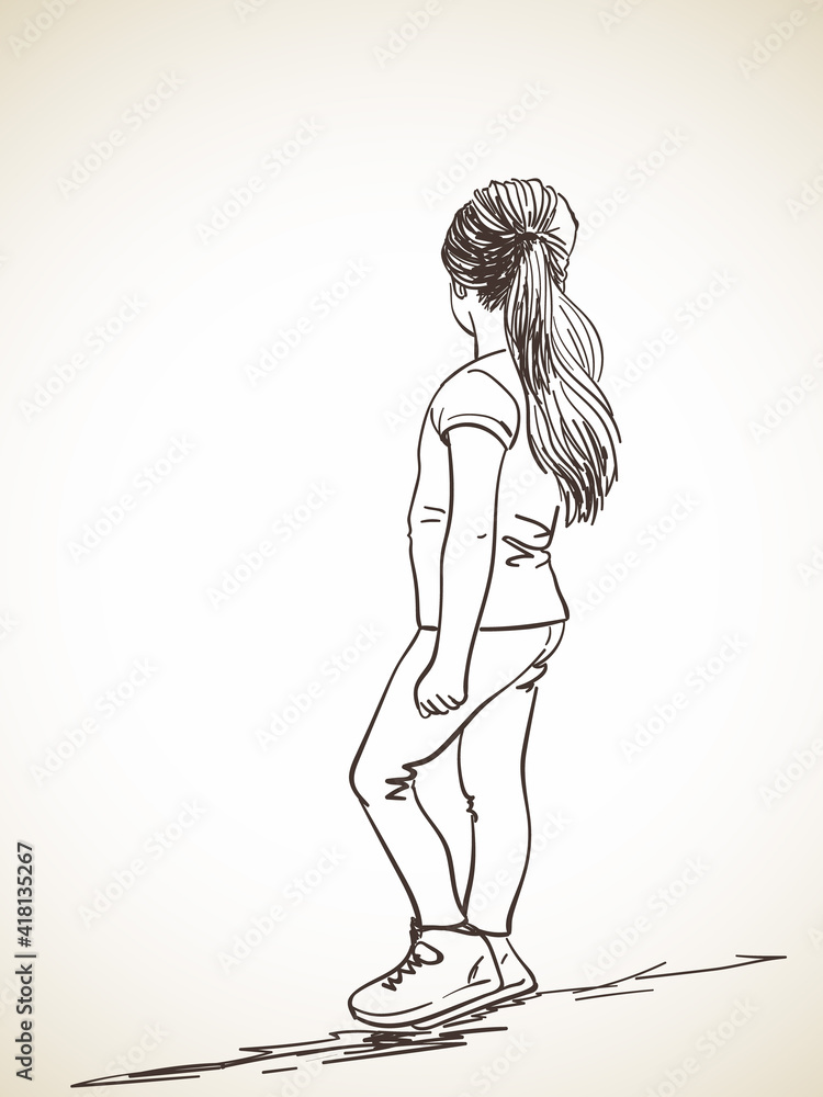 girl hand drawn back view with long hair Stock Vector | Adobe Stock