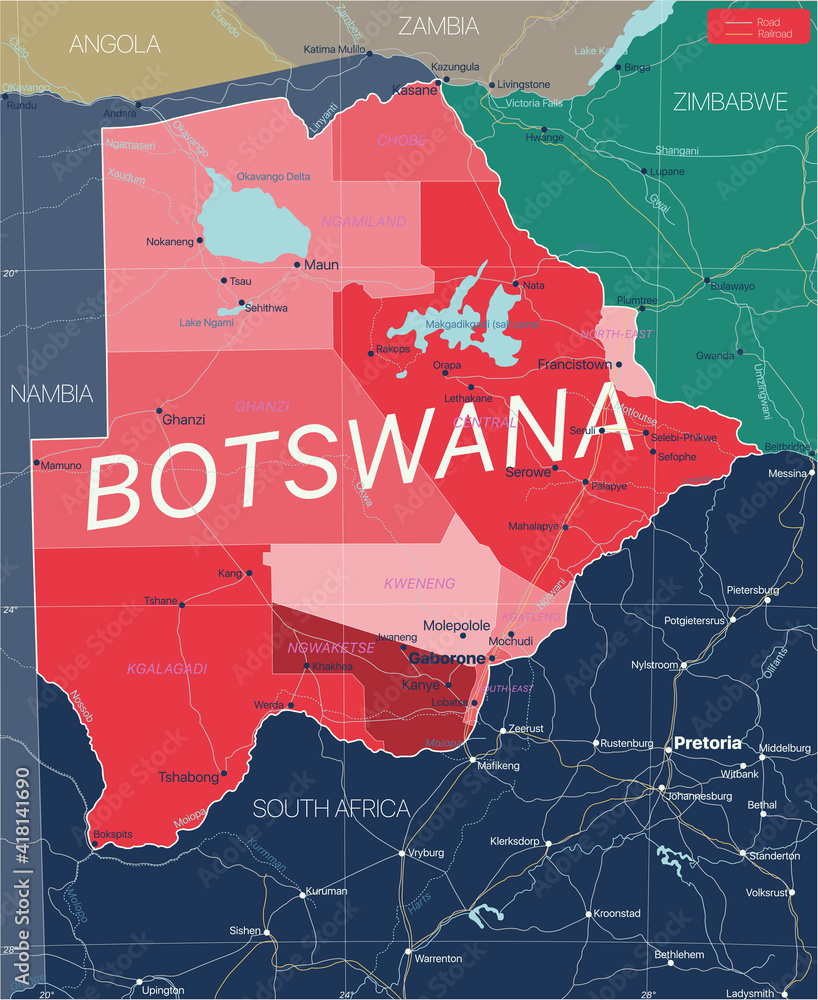 Botswana country detailed editable map with regions cities and towns ...
