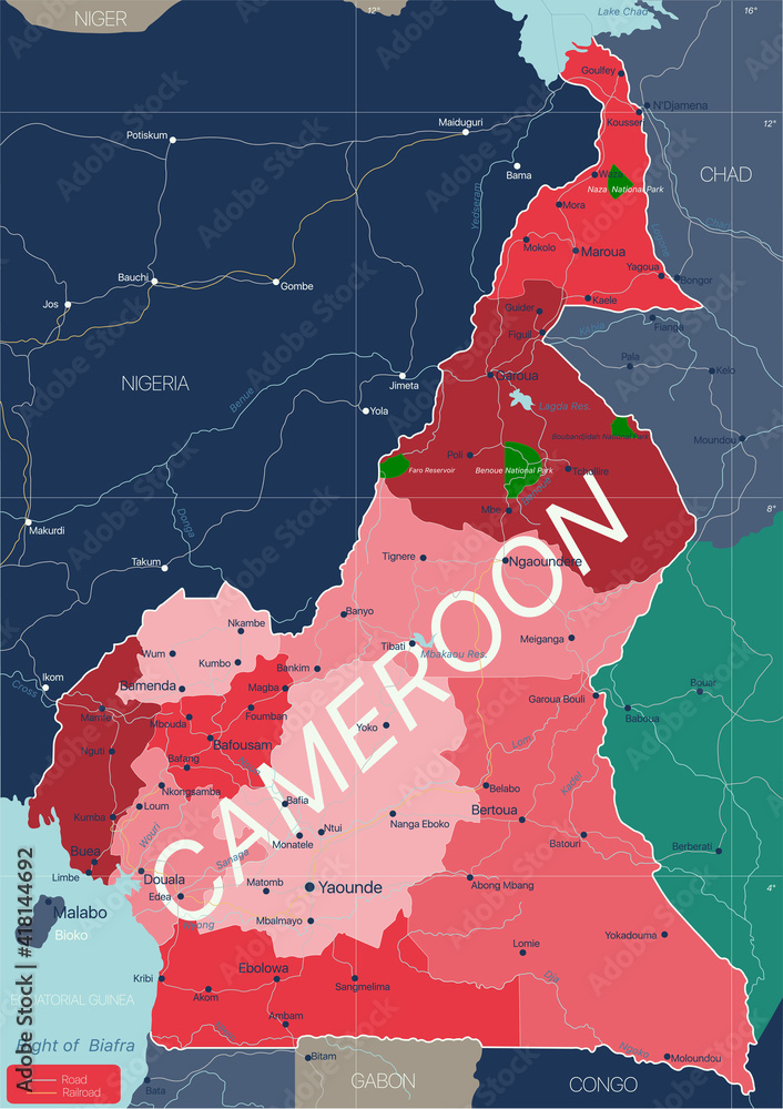 Cameroon country detailed editable map with regions cities and towns ...