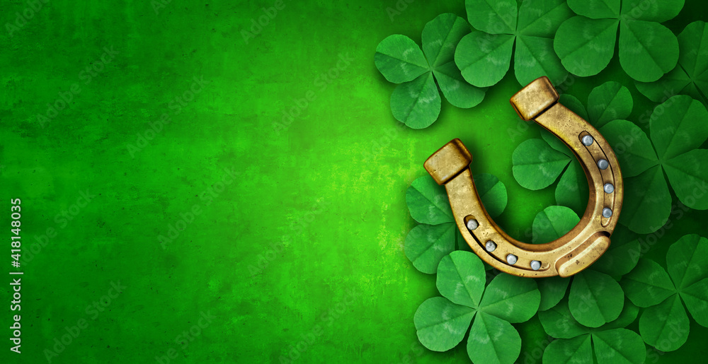 Saint Patricks Day lucky charms as green shamrock and a horse shoe as a ...