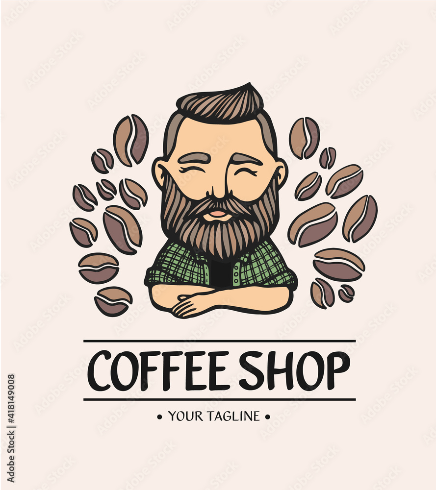 Coffe shop logo. Hand-drawn hipster man with mustache, beard with ...