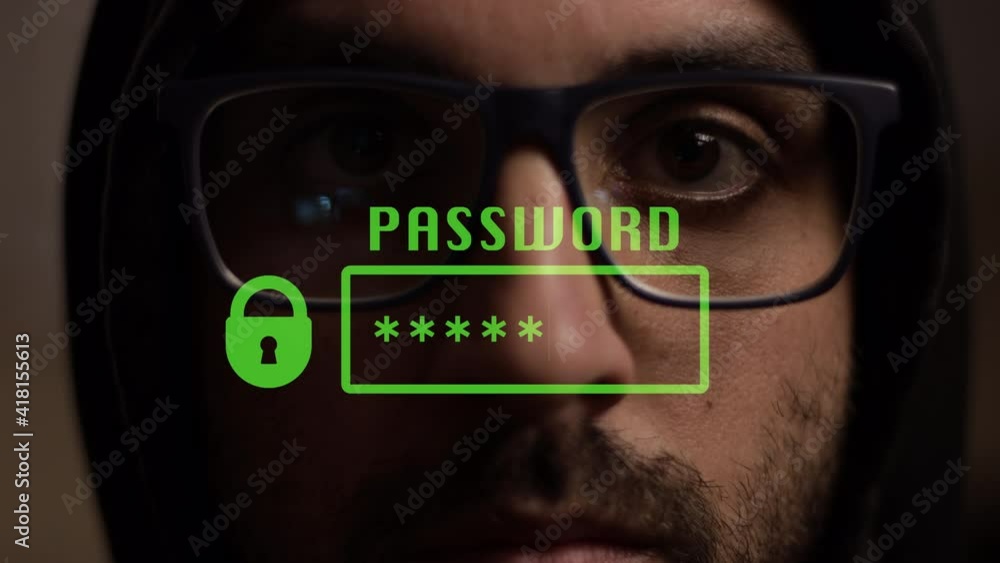 Hacker face on laptop, security internet. Green Display, Access denied ...