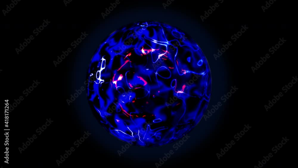 Blue red shiny abstract energy ball with fire on black background ...