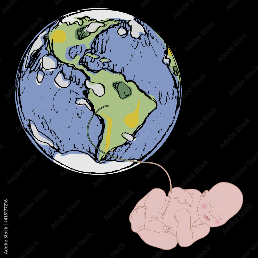 Newborn baby connected to planet Earth with its umbilical cord ...