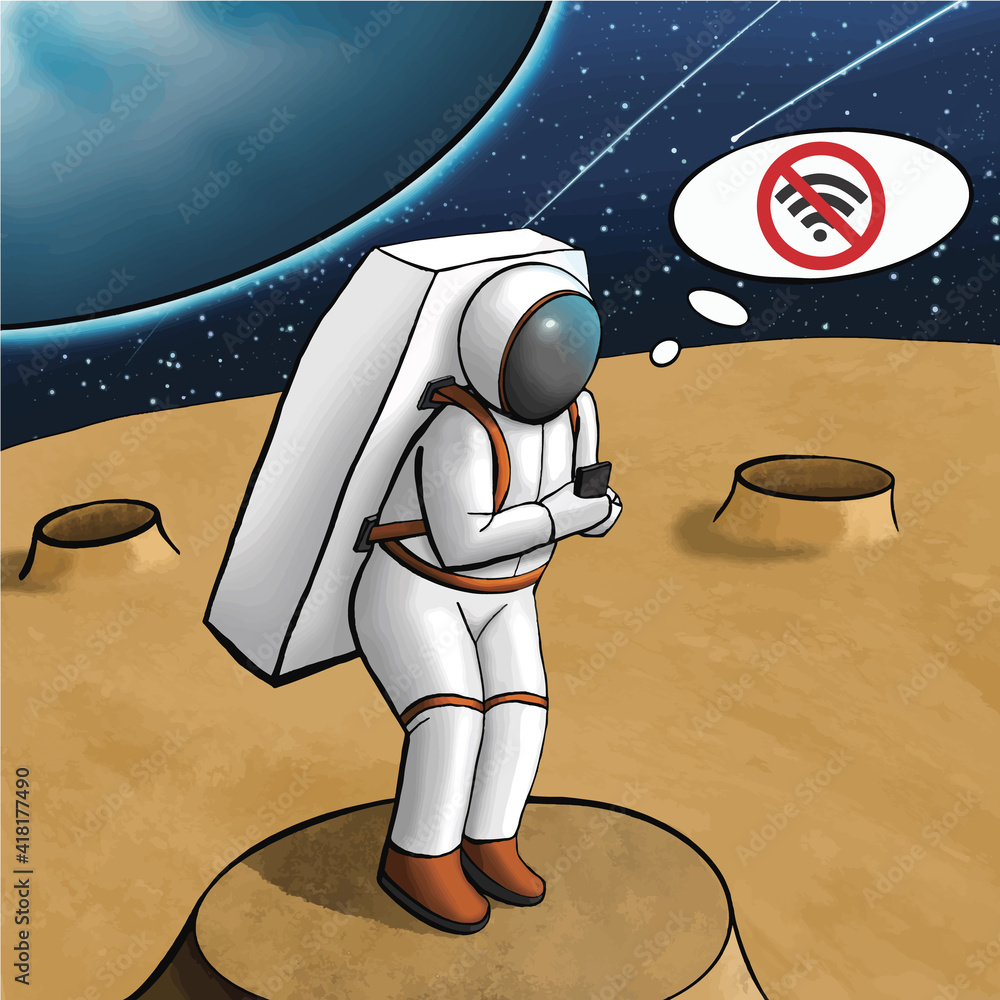 The illustration shows an astronaut holding a mobile phone. The ...