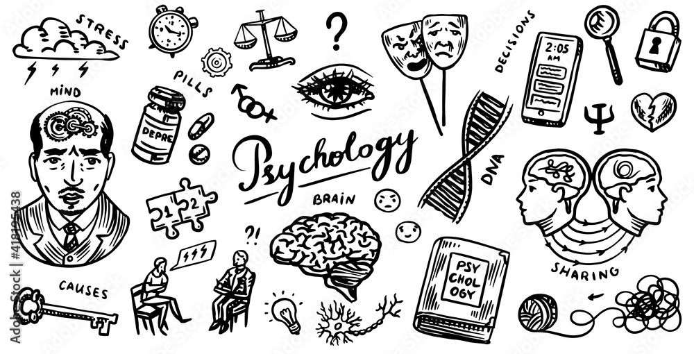 Psychology science symbols. Psychologist online. Clew and dna, puzzle ...