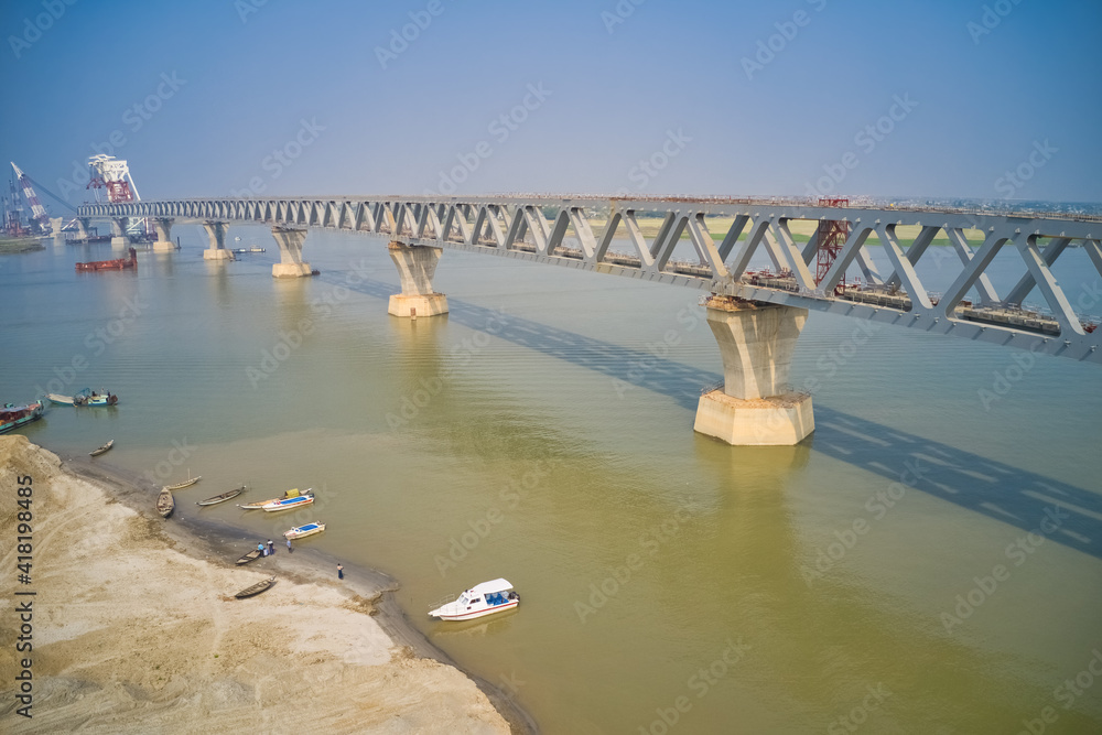 Aerial view of a building site while assembling the Padma bridge, the ...