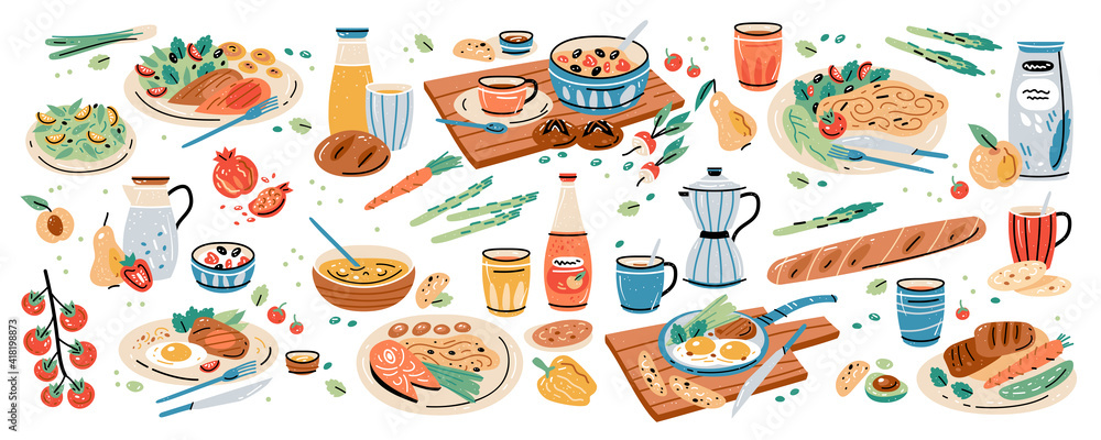 Meal Served on Plate. Set of healthy different breakfast, lunch and ...