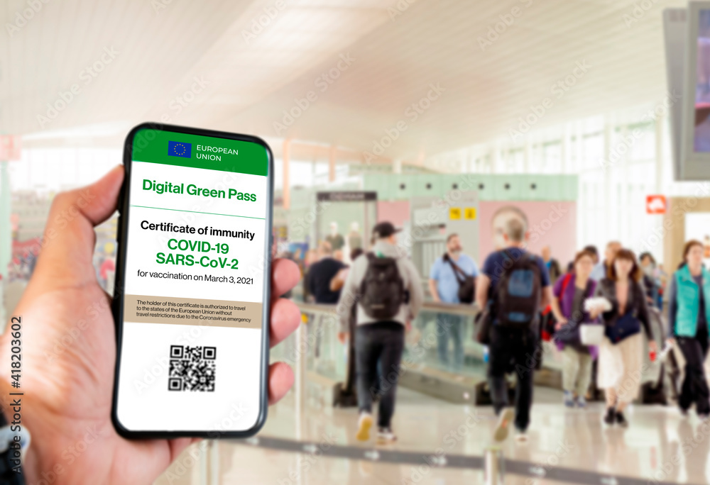 The digital green pass of the european union with the QR code on the ...