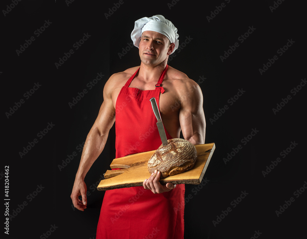 Chef bakery man. Sexy baker with bread and knife. Cooking and baking ...