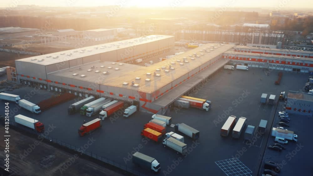 Logistics park with loading hub. Semi-trailers trucks stand at ...