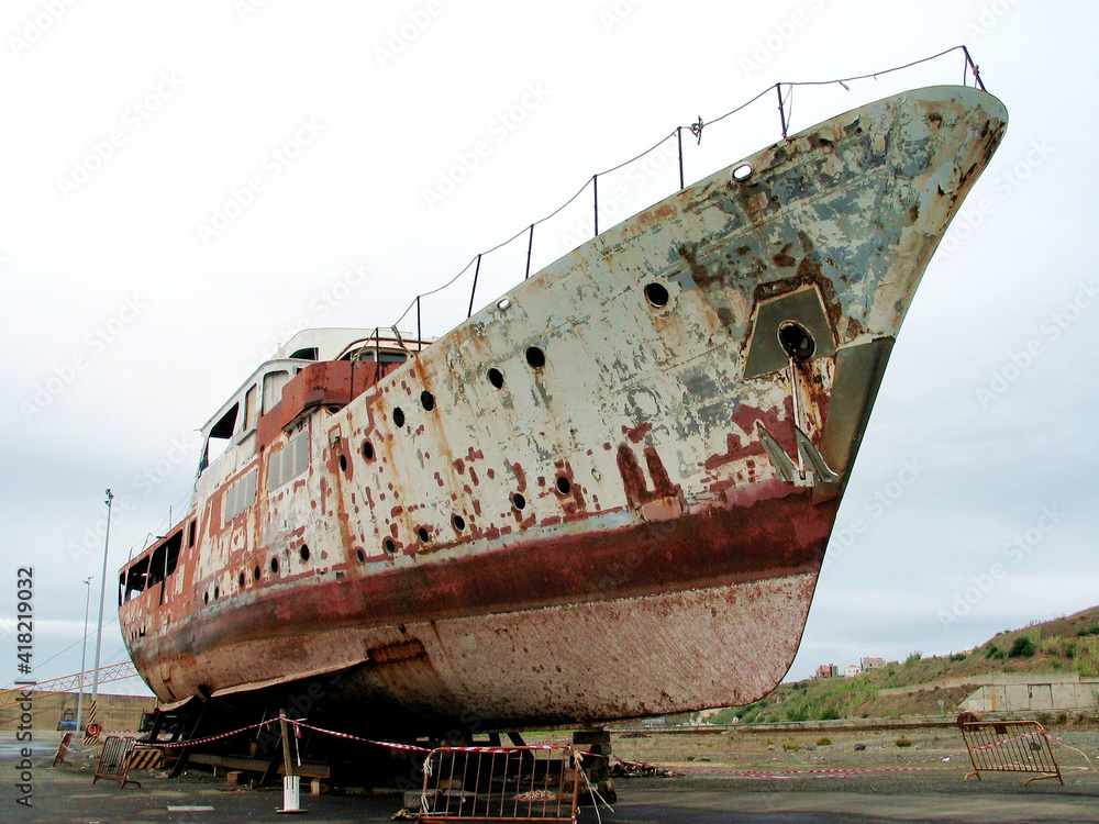 Beautiful old ship rusting in a boatyard, authentic old sea craft ...