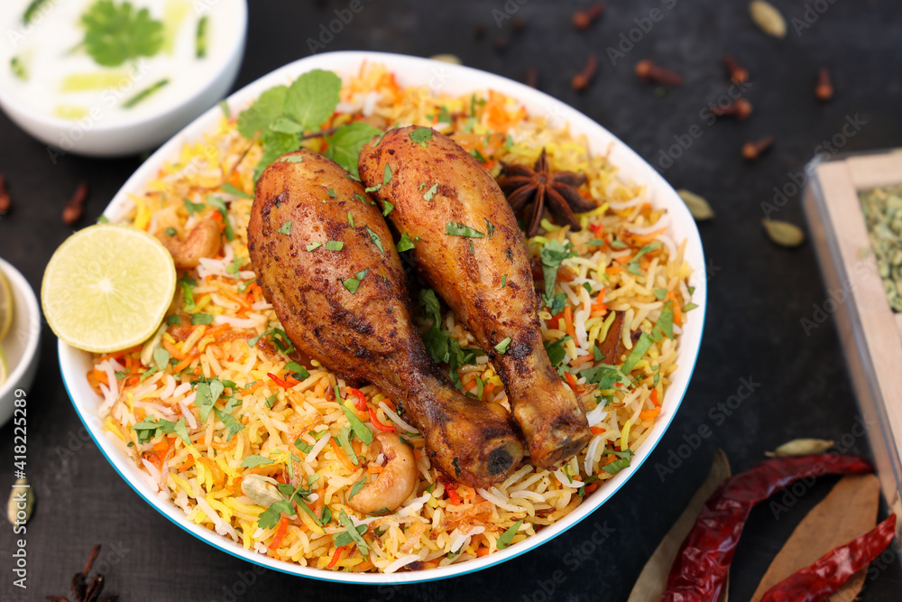 Chicken biryani Spicy Indian Malabar biryani Hyderabadi biryani, Dum ...