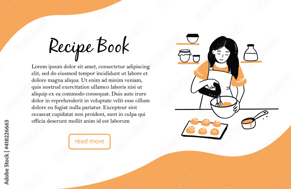 Banner template with hand drawn young woman cooking in the kitchen ...