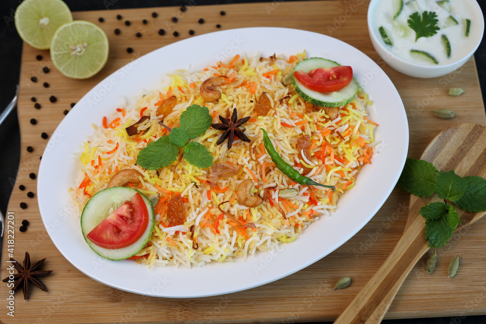 Vegetable biryani biriyani , Hyderabadi Shahi Pulao and raita Pilaf ...